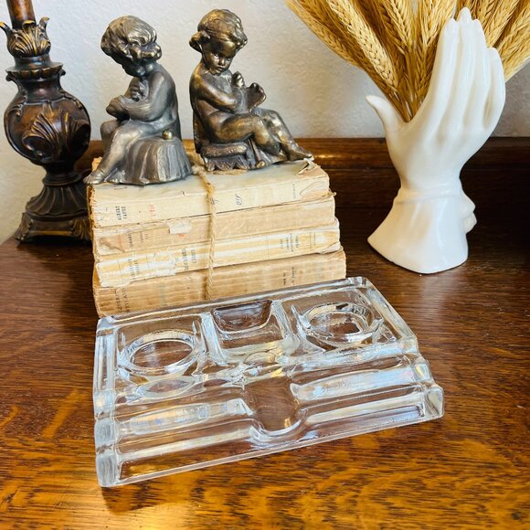 Vintage | Office | Vtg Pressed Glass Double Inkwell Desk Organizer ...